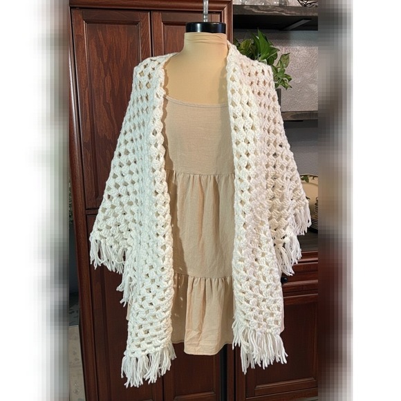 Handmade | Sweaters | One Size White Crocheted Shawl Chunky Cottagecore ...